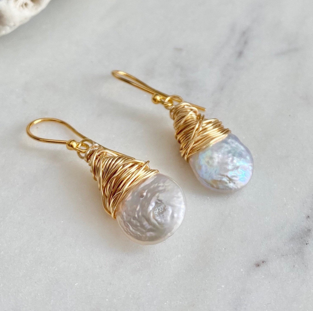 Gold Pearl Earrings, Wire Wrap Pearl Earrings, Wire Wrapped Pearl ...