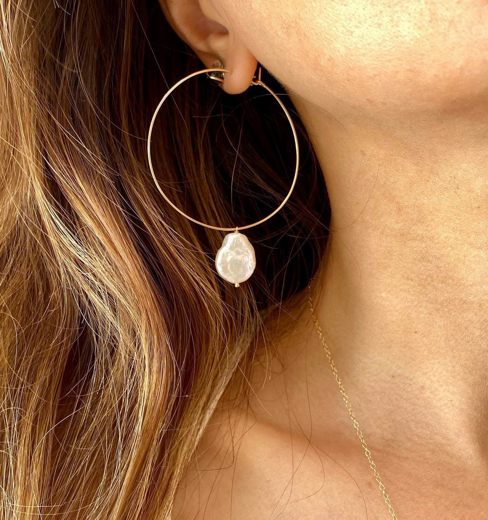 Pearl Hoop Earrings, Large Pearl Hoops, 14k Goldfilled, Large Gold Hoop ...