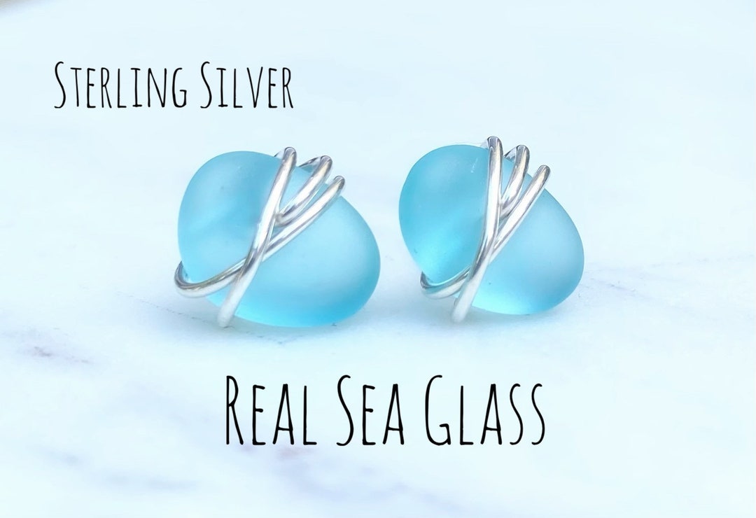 Sea Glass Stud Earrings, Sterling Silver Studs, Crystal Earrings, Beach ...
