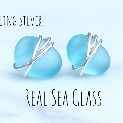 Sea Glass Stud Earrings Blue Beach Glass Earrings in Sterling - Etsy