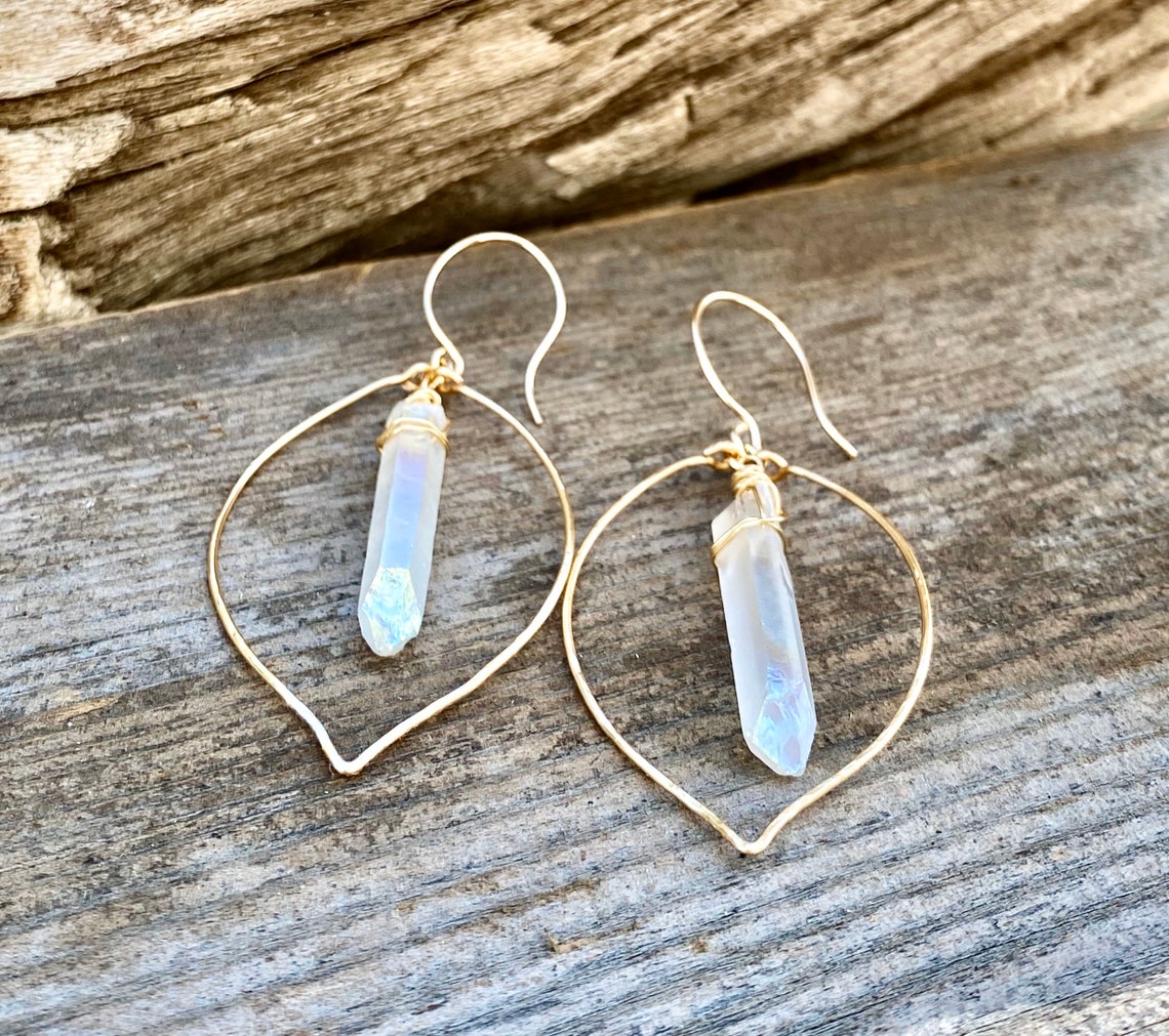 Raw Crystal Hoop Earrings Angel Aura earrings Clear Quartz | Etsy