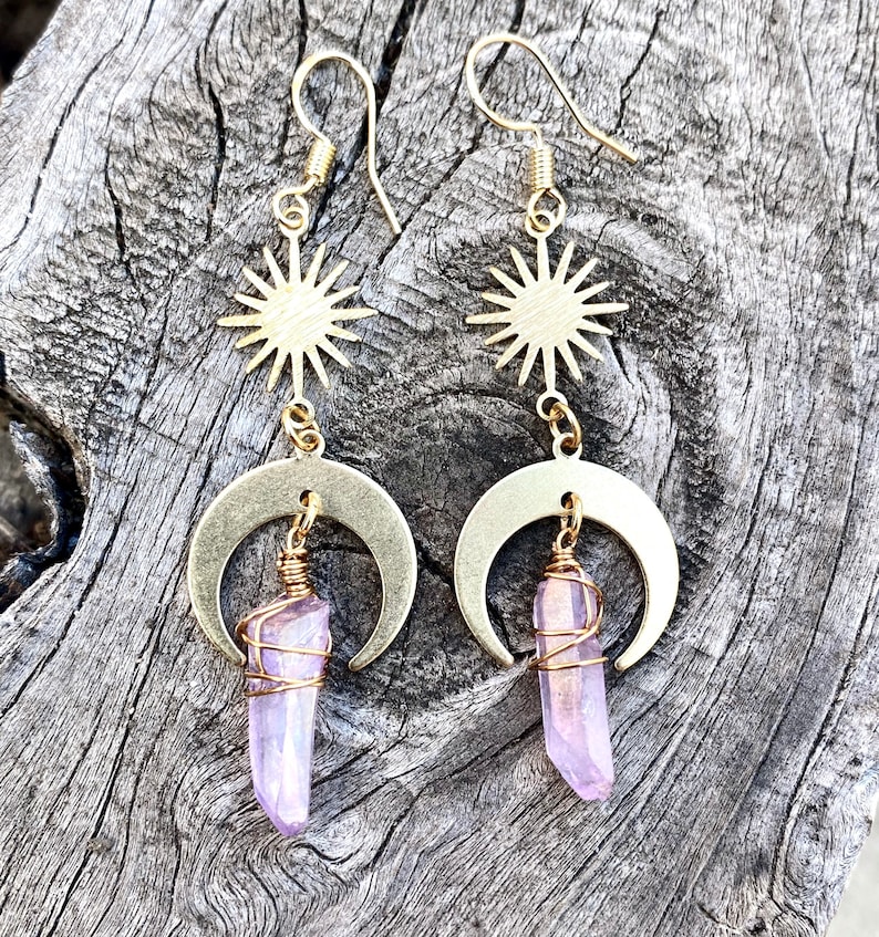 Raw Crystal Earrings Moon and Sun Angel Aura Earrings - Etsy