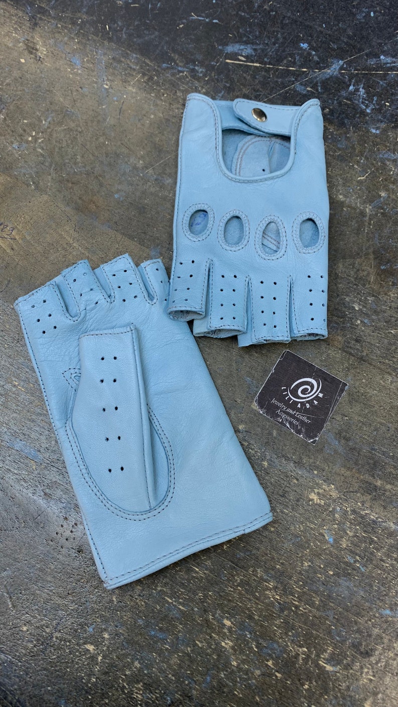 Fingerless Driving Gloves, Italian Napa Leather, Baby Blue , Bike Rides ...