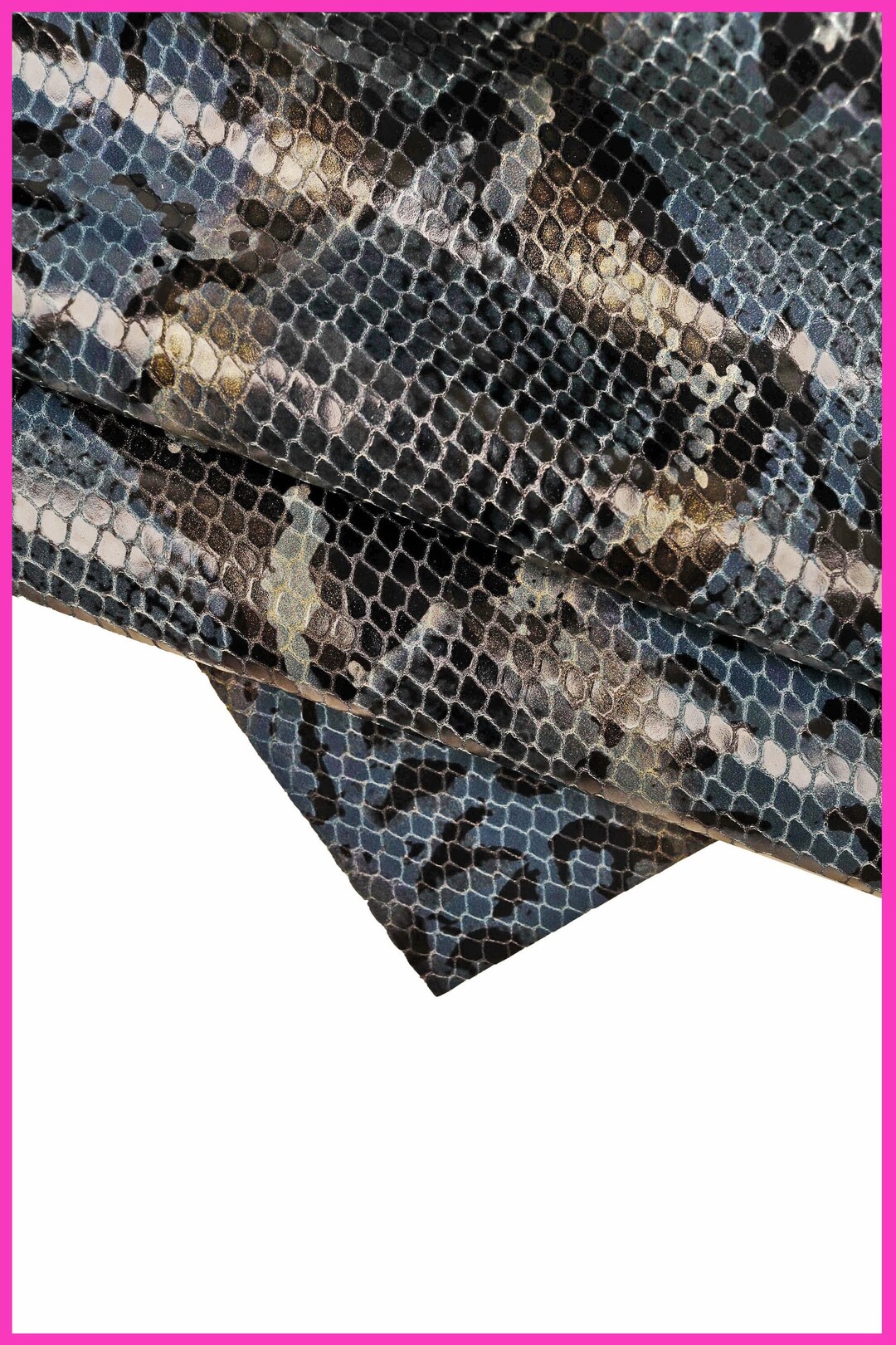 Blue Black PYTHON TEXTURED Leather Hide, Snake Printed Glossy Calfskin ...
