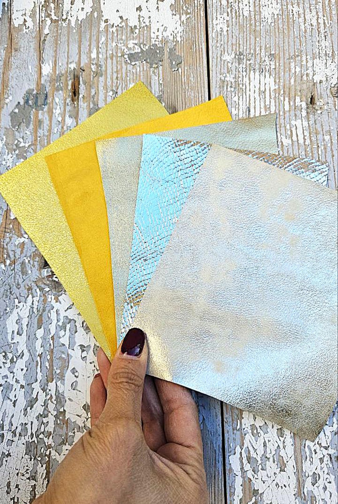 5 Selected Leather Scraps, YELLOW and GOLD Tones, Printed and Metalic ...