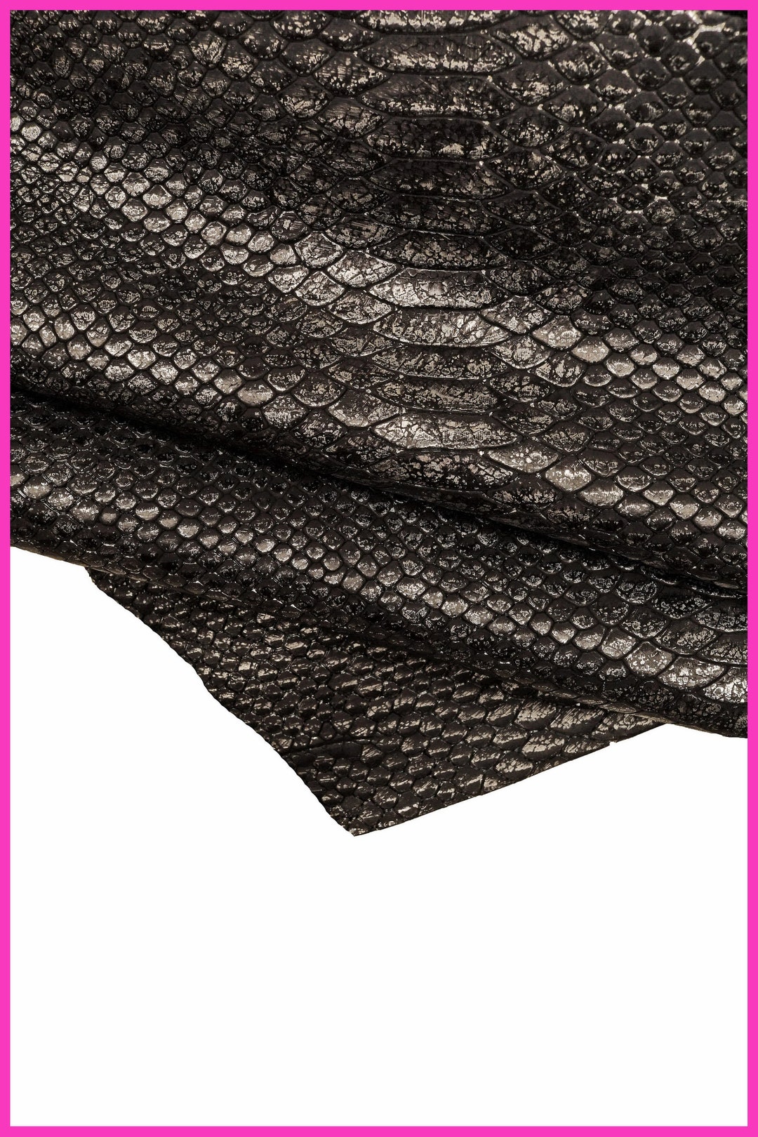 PYTHON Printed Leather Skin, Black Goatskin With Steel Metallic Foil ...