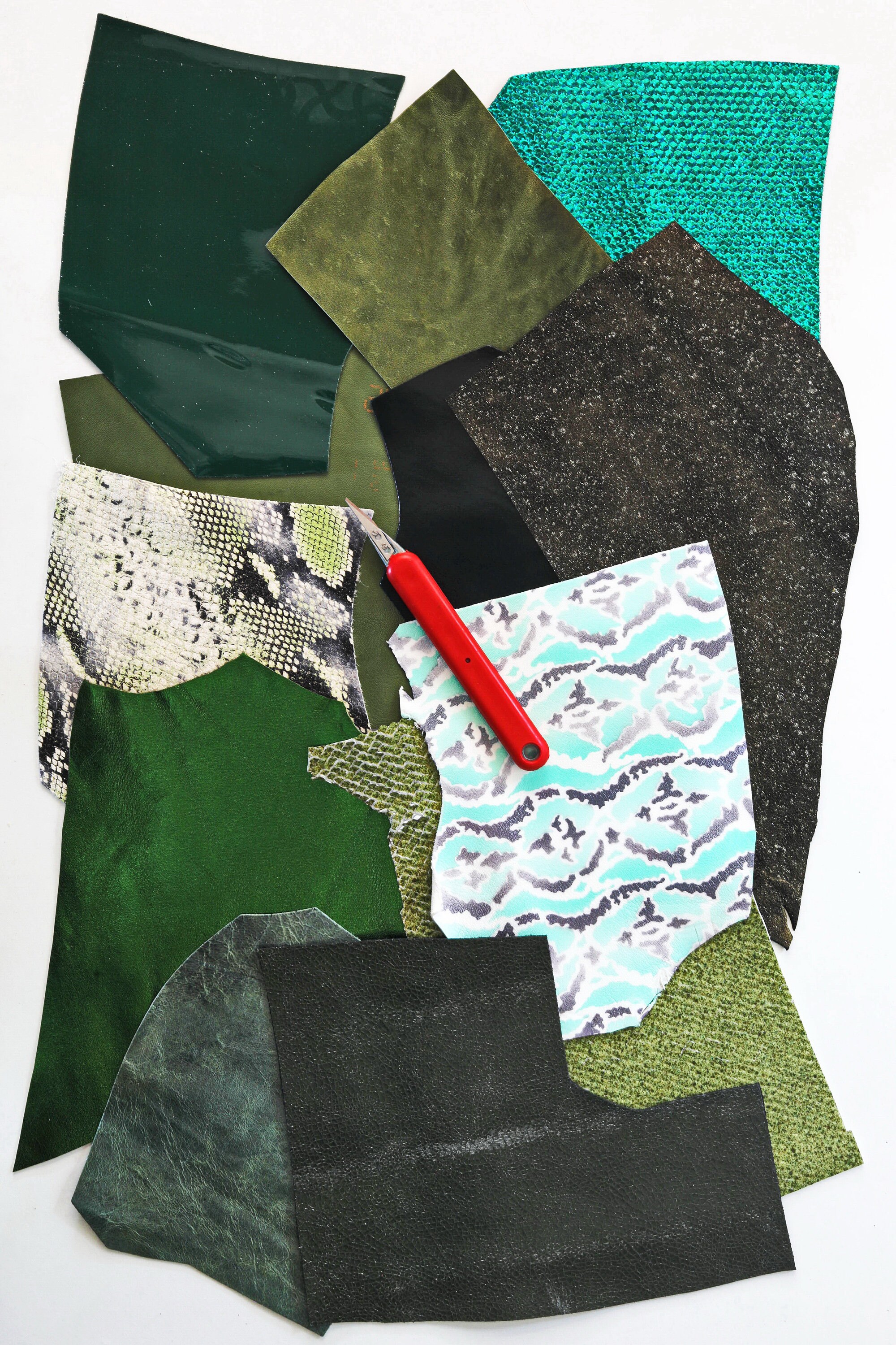 Leather SCRAPS Bag, GREEN Color, Fancy Textures, Foils and Softness ...