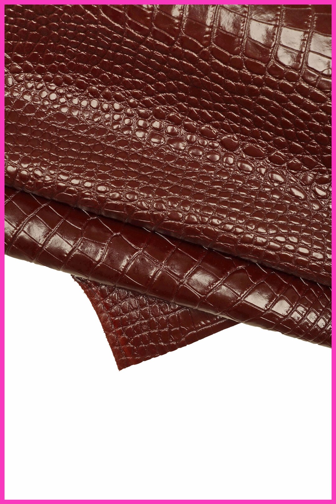 BURGUNDY CROCODILE Embossed Leather Hide, Glossy Stiff Cowhide, Animal ...