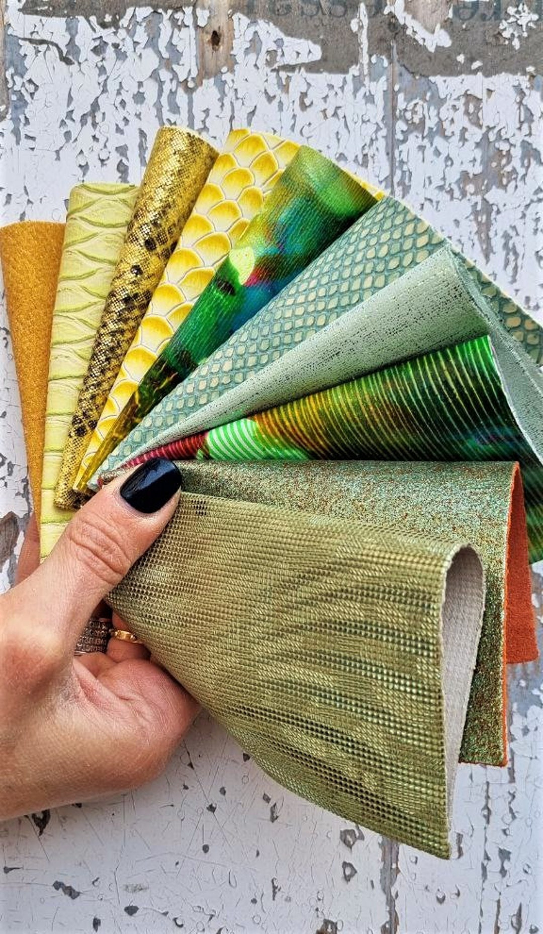 10 Selected Leather Scraps, GREEN and YELLOW Colors, Printed and Foils ...