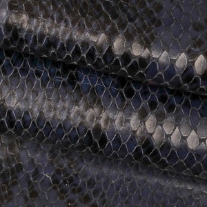 PYTHON Textured Leather Hide, Blue Black Reptile Snake Print on Glossy ...