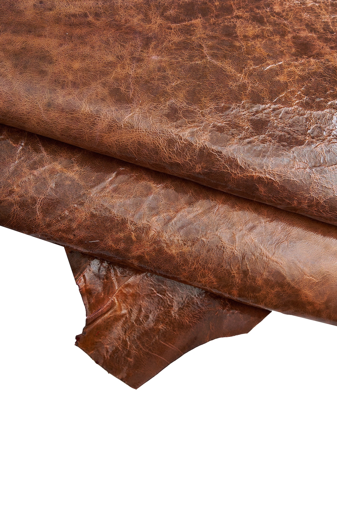 Very Distressed GLOSSY Leather Skin, Reddish Brown Goatskin With Green ...