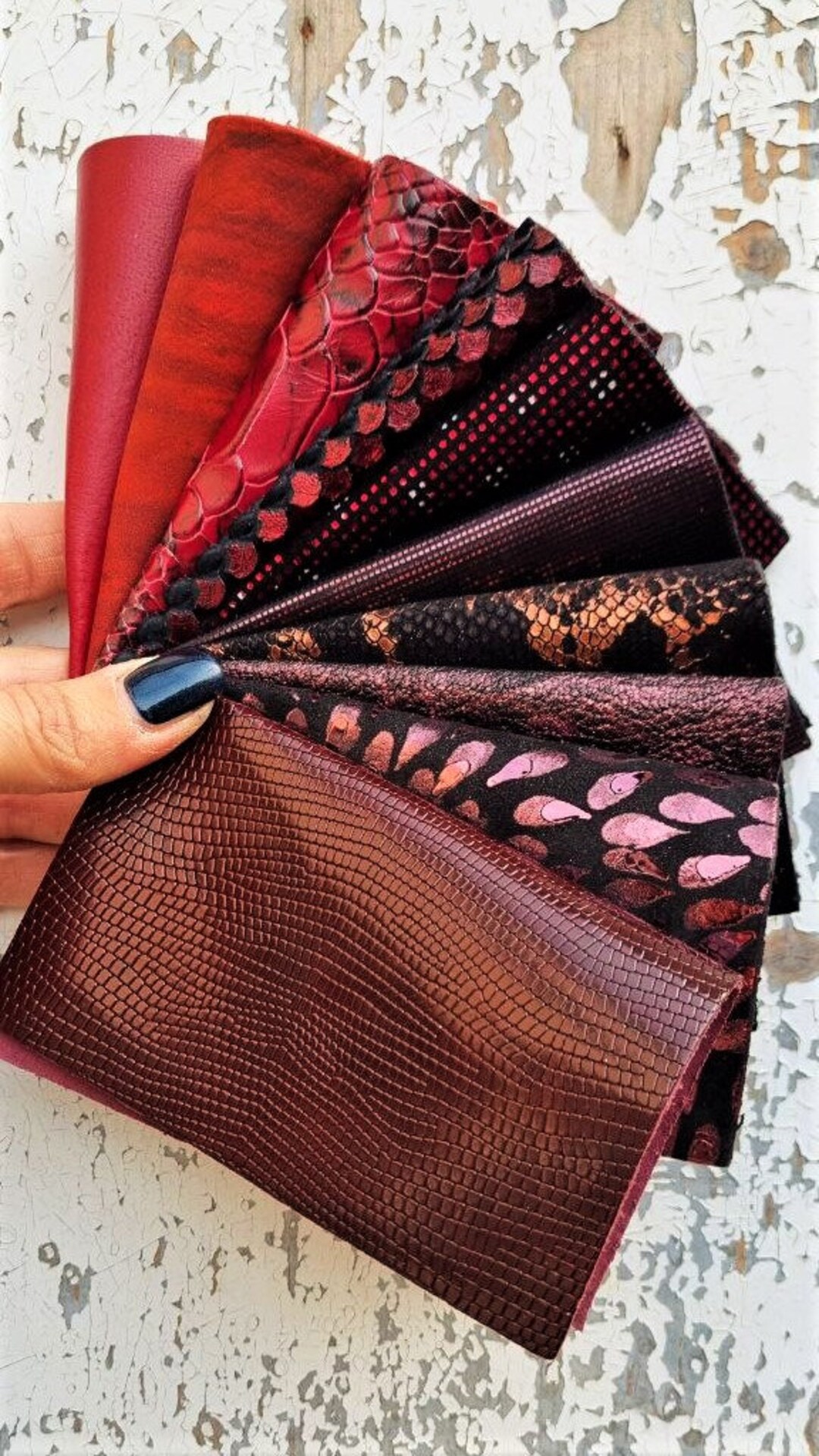 10 Selected Leather Scraps, Color RED, Various Printed and Foils, Mix ...