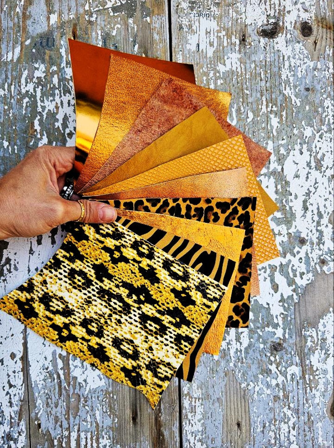 10 Selected Leather Scraps, YELLOW and ORANGE Tones, Printed and Foils ...