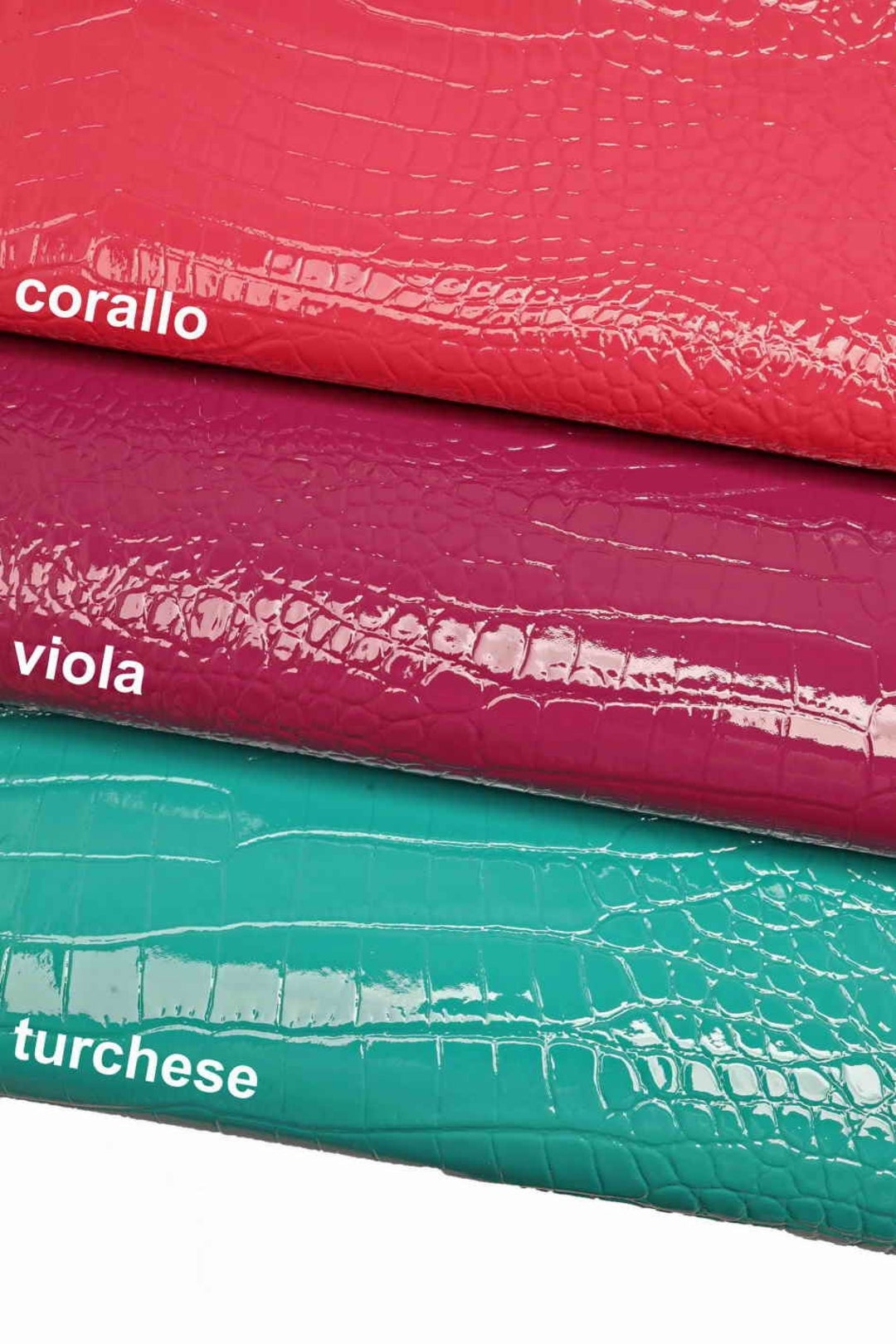 CROCODILE Embossed Leather Hides - Coral Purple Turquoise Glossy Laquer ...