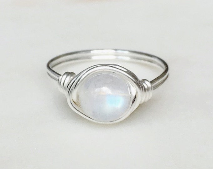 Moonstone Ring, Sterling Silver Ring, Rainbow Moonstone, Wire Wrapped ...