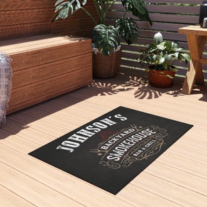 Personalized Backyard Smokehouse Bar & Grill Outdoor Patio Rug, BBQ ...