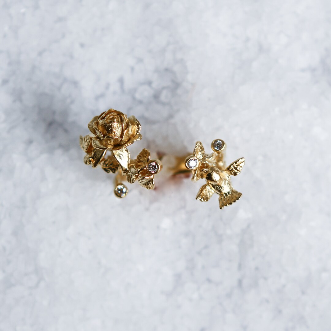 Diamond Ring, Rose Ring, Open Ring, Unique Gold Ring, Flower Ring, Leaf ...