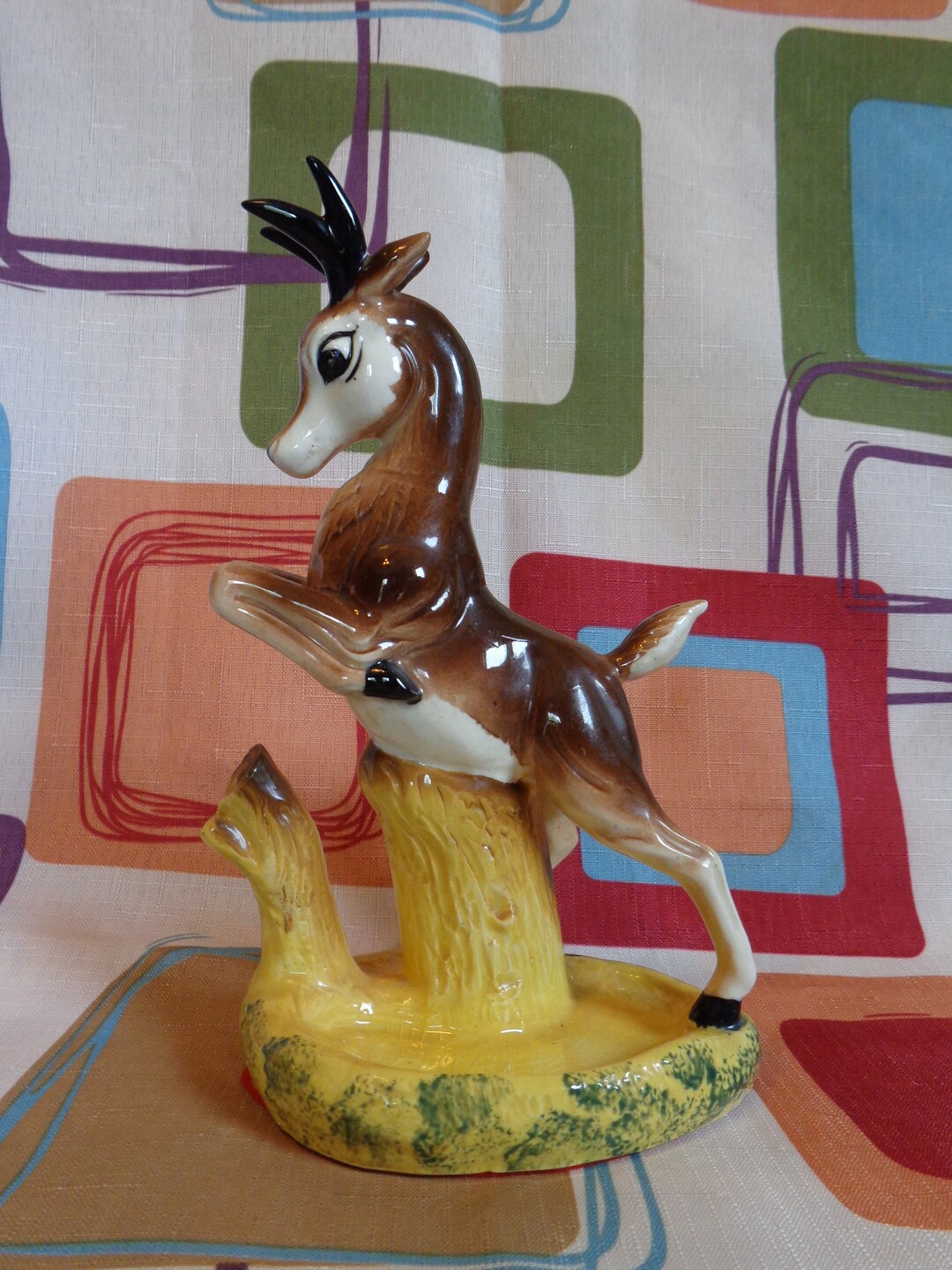 Vintage Bank Deer Stag Jumping Over Tree Stump Ceramic Coin Bank or ...