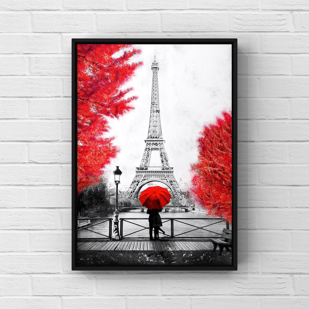 Red Eiffel Tower Wall Art, Red Umbrella Couple, Lovers in Paris ...