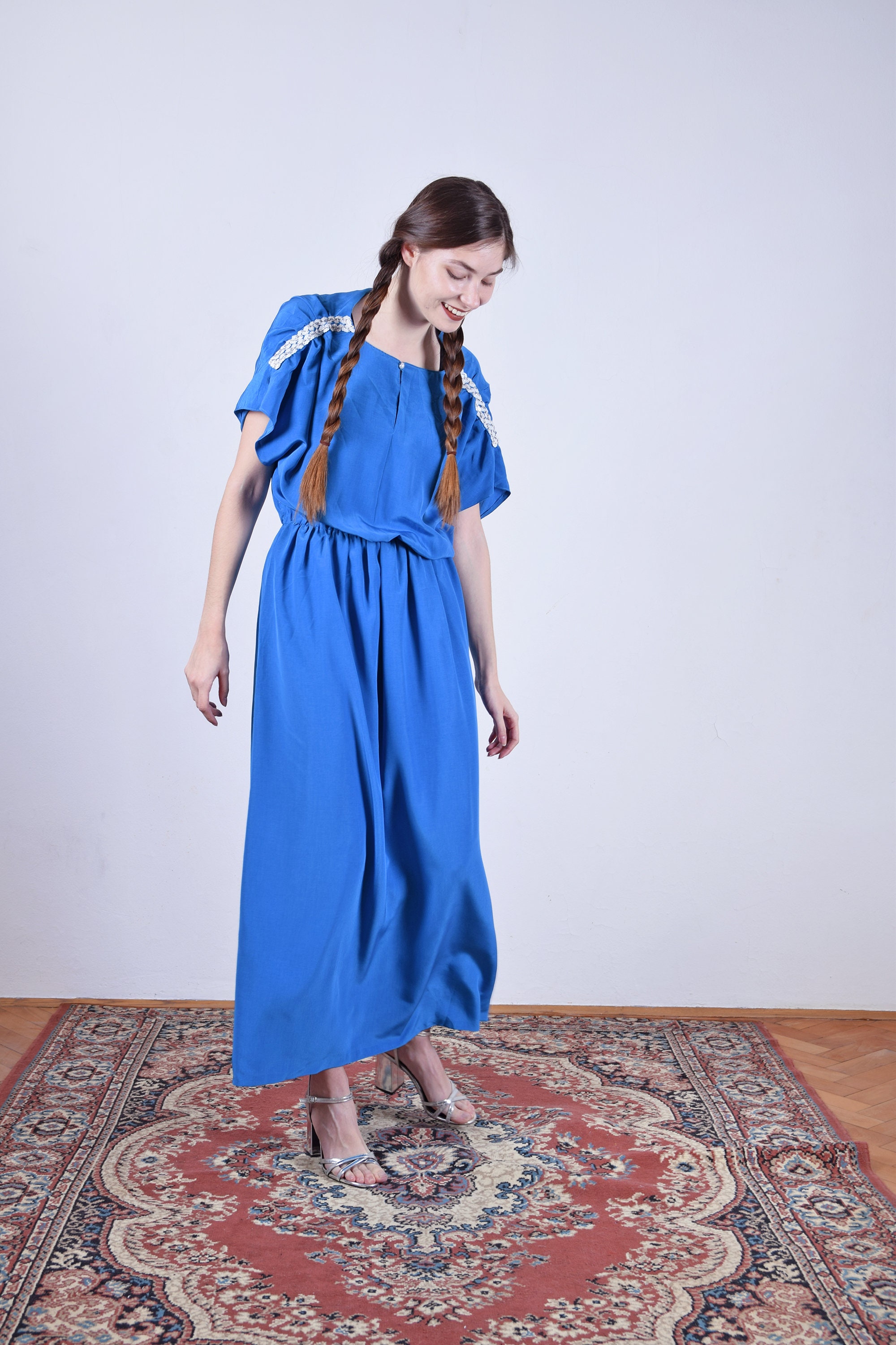 Grecian Dress 70s Maxi Party Sea Blue Dress 1970s Boho High Waist ...