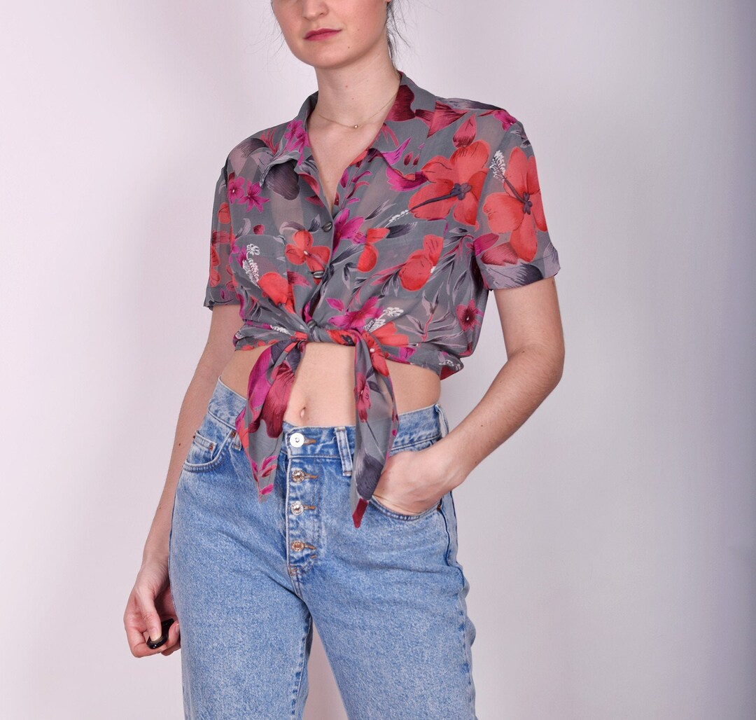 Floral Blouse 90s Boho Crop Top Button up Shirt Bohemian Gray Pink ...