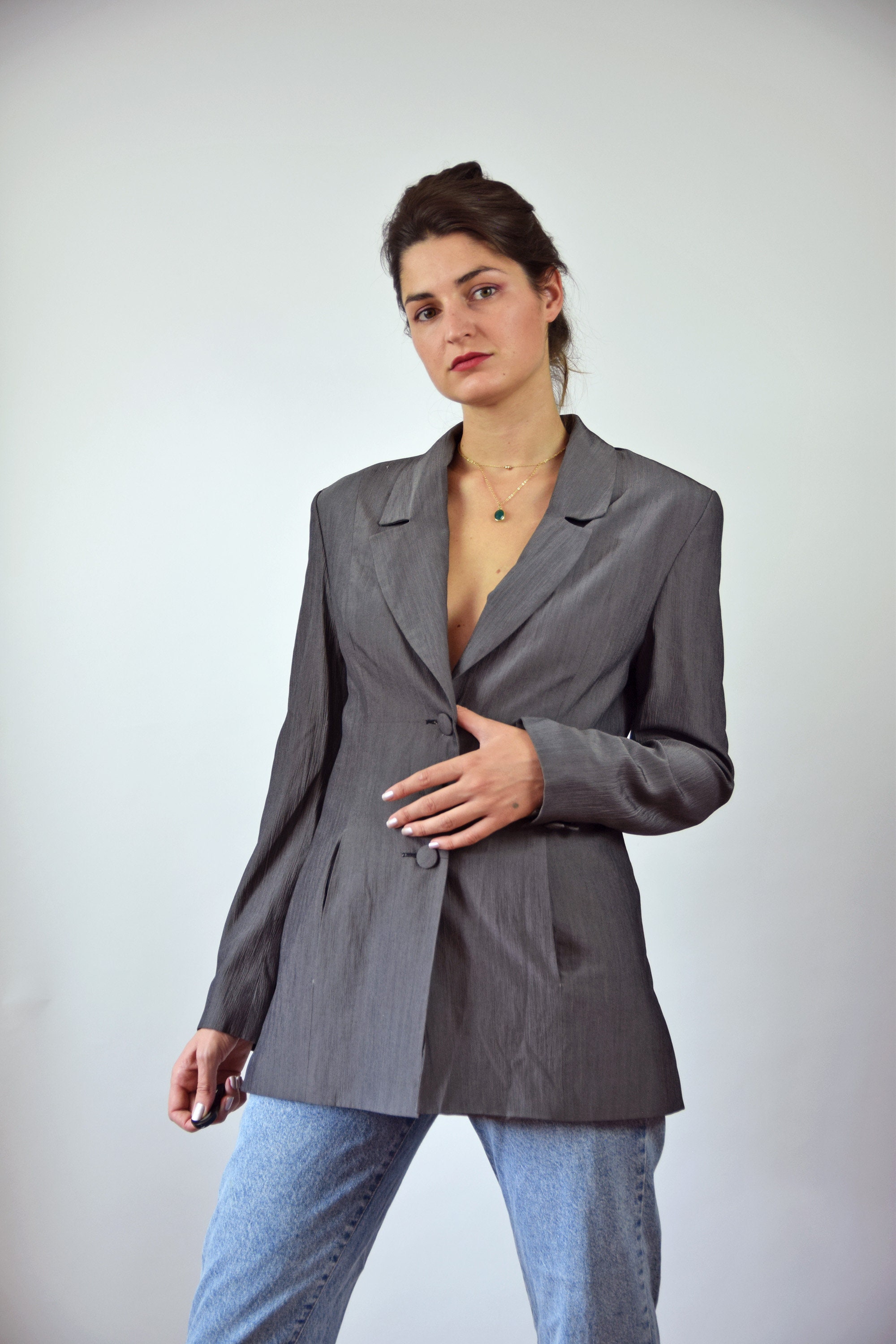 Silver Gray Blazer Jacket 90s Y2K Office Secretary Formal Elegant ...