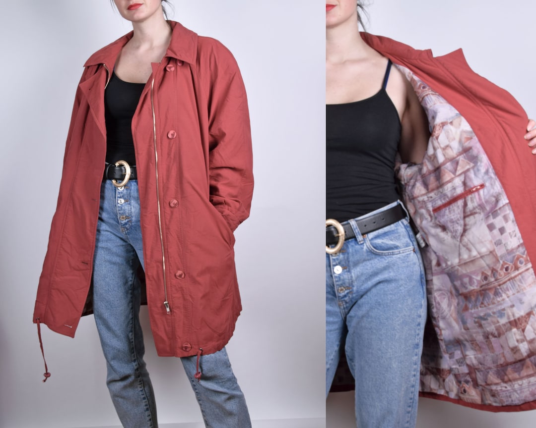 90s Red Parka Jacket With Watercolor Lining Retro Jacket Vintage 1990s ...