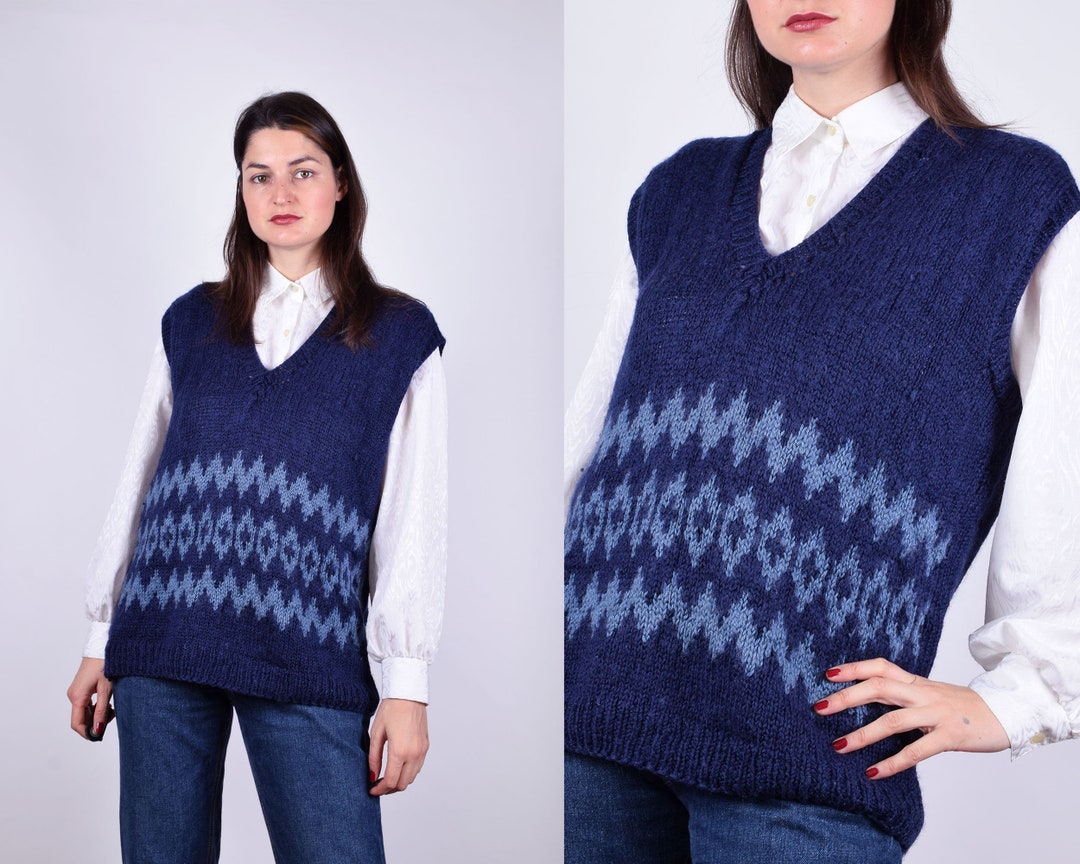 Vintage Blue 90s Wool Knitted Wool V Neck Vest Large Size L - Etsy