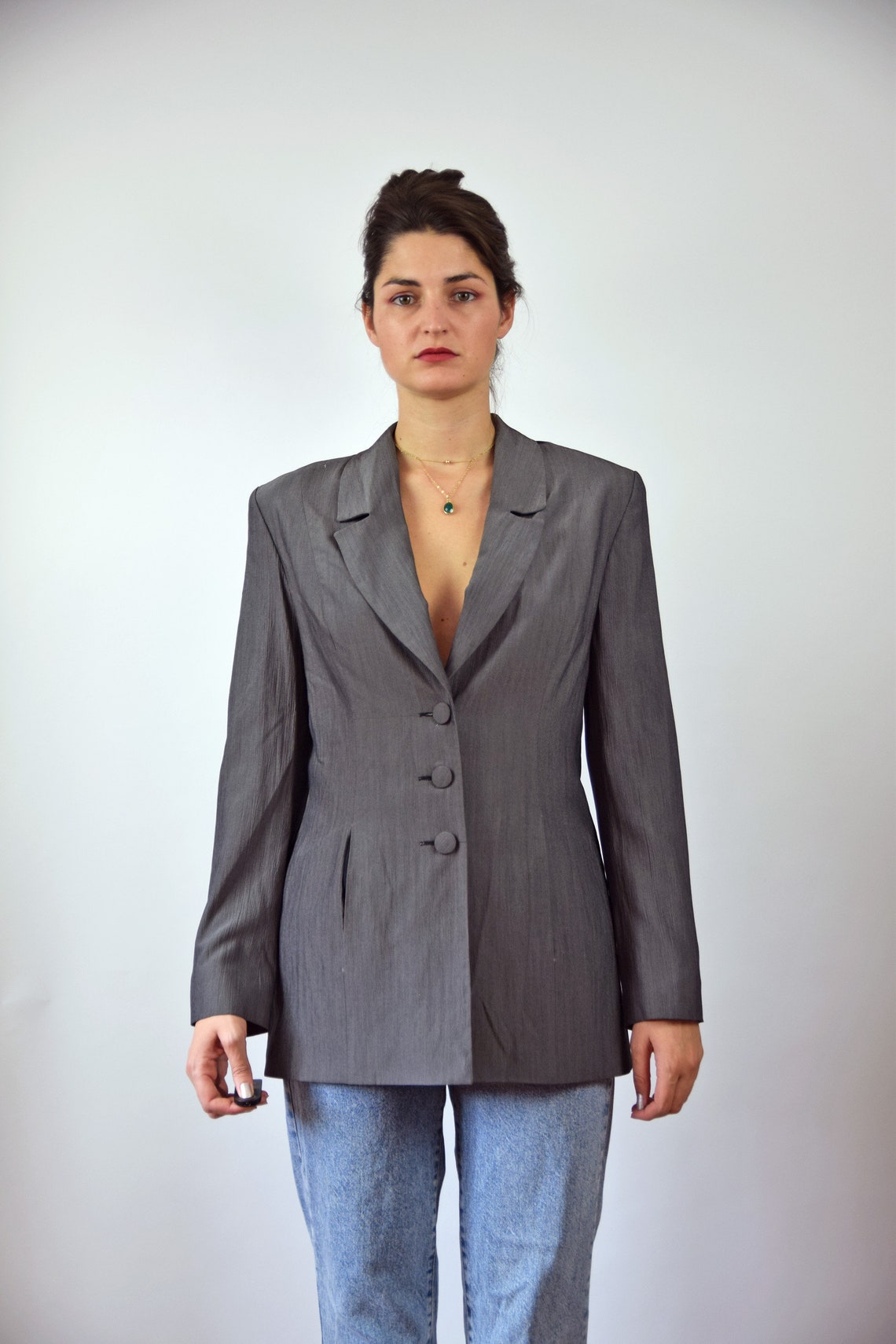 Silver Gray Blazer Jacket 90s Y2K Office Secretary Formal - Etsy Hong Kong