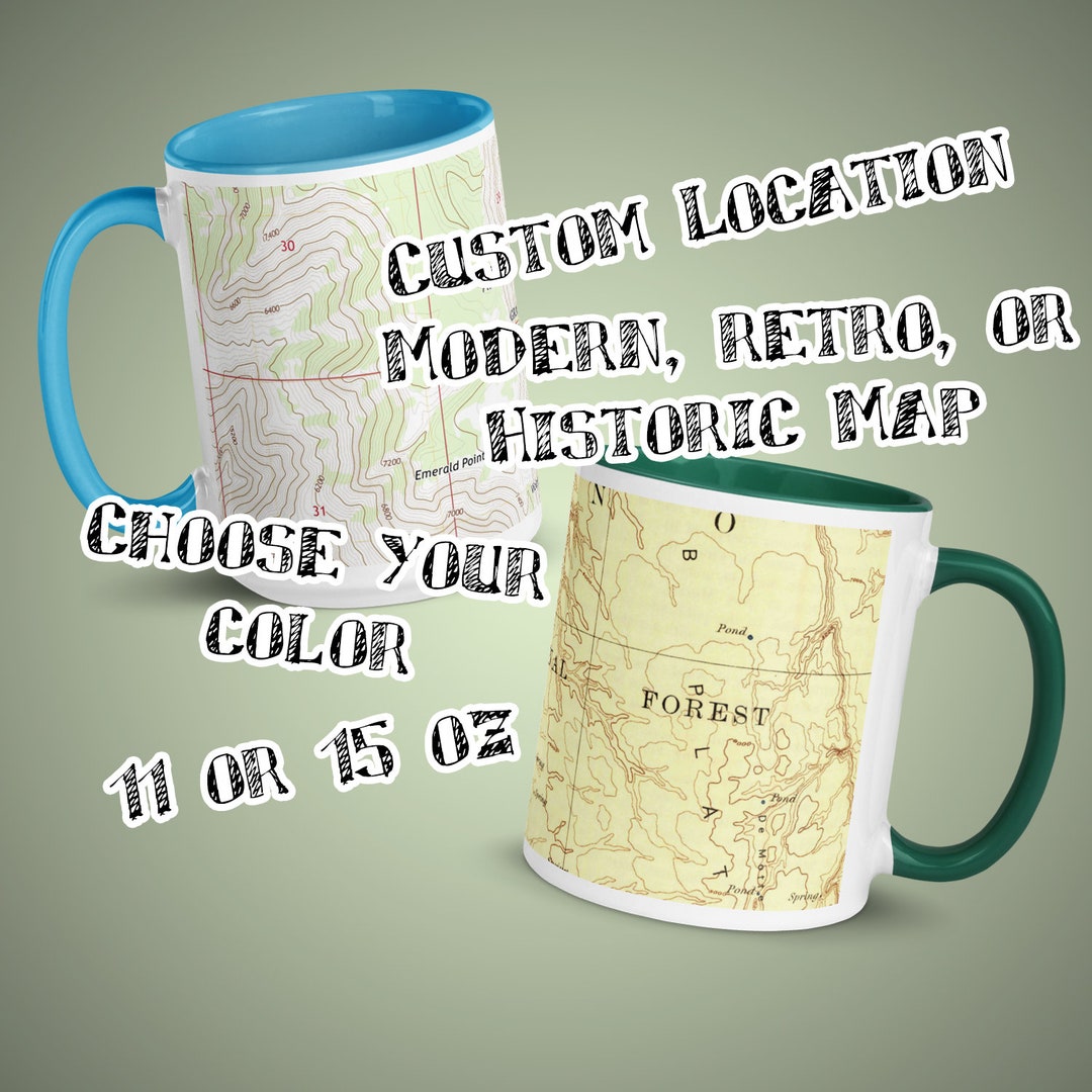 Custom Topo Map Ceramic Mug - Modern & Historic US Location Coffee Cup ...