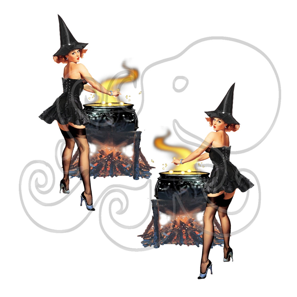 Pin up Clip Art Pin up Witch Girl Retro 50's Pin up Vintage Halloween Pin up DIY Printable Witch ...