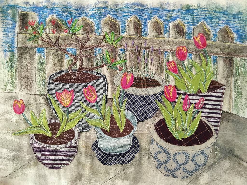 Textiles Art, Stitched Picture, Applique Picture, Tulip Flowers in Pots ...