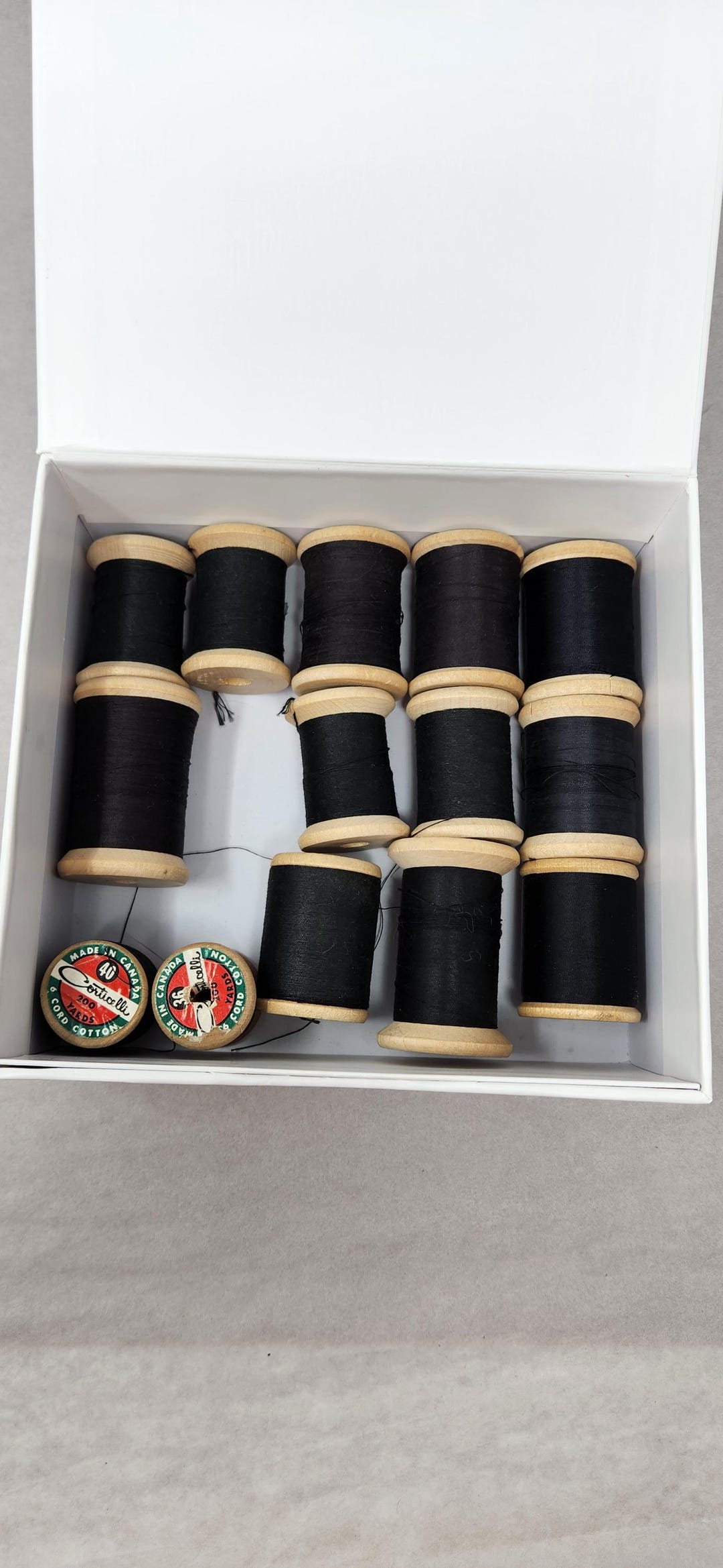 Vintage Wooden Spools With Black Sewing Thread Set of 14 Antique Sewing ...