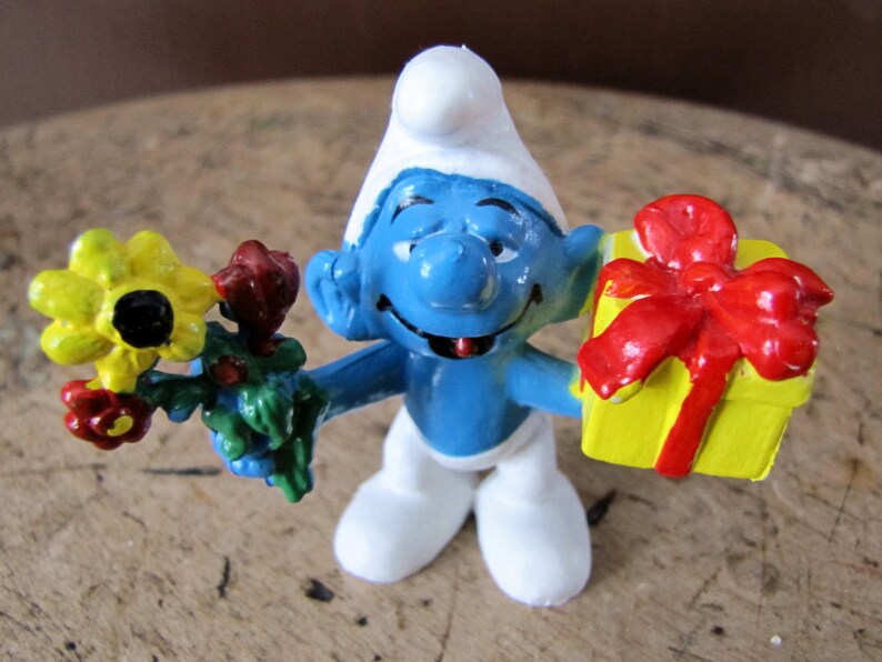 Smurf With Flowers and Gift Smurf Figurine Smurf - Etsy