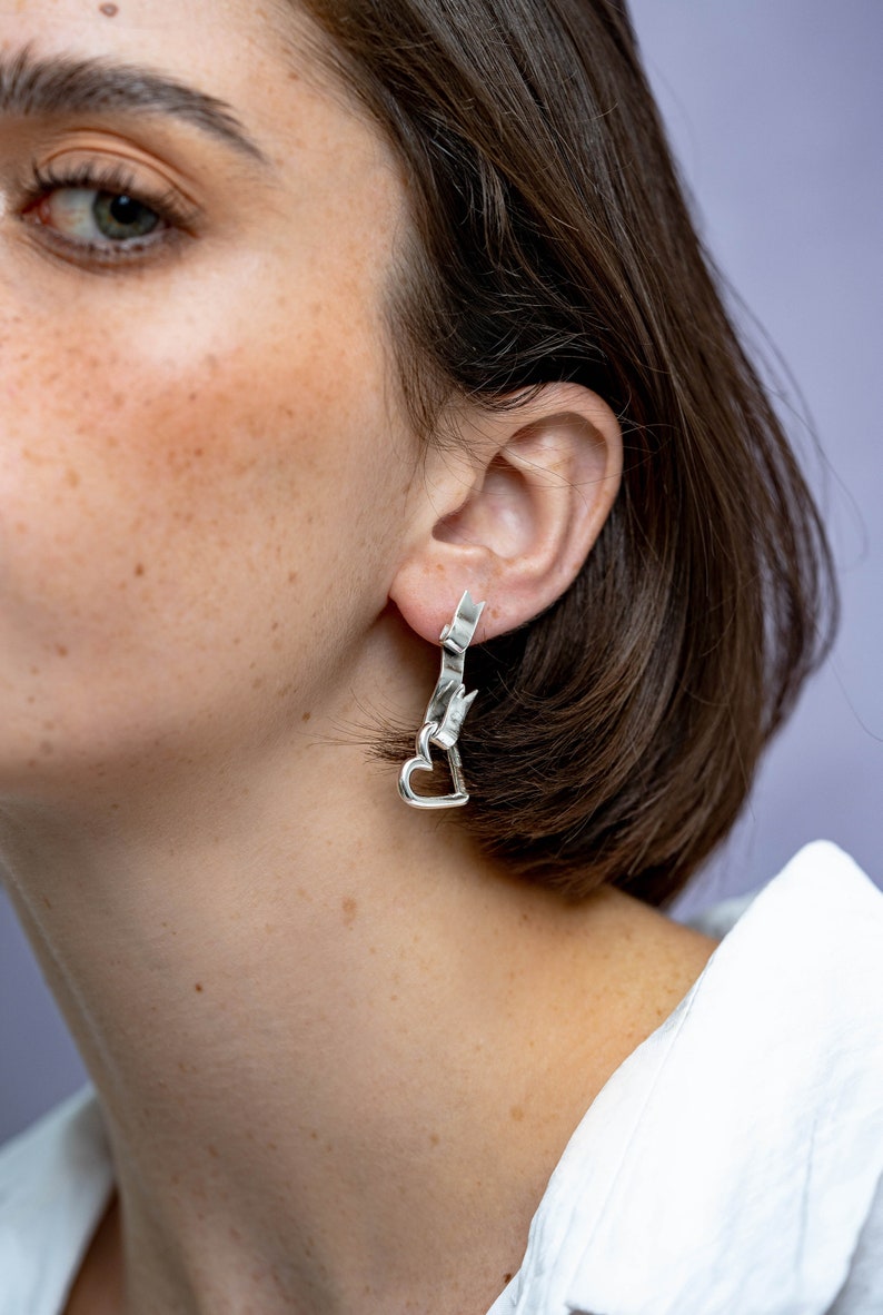 Unique Single Long Heart Sterling Silver Earring, Classic Heart Tattoo ...