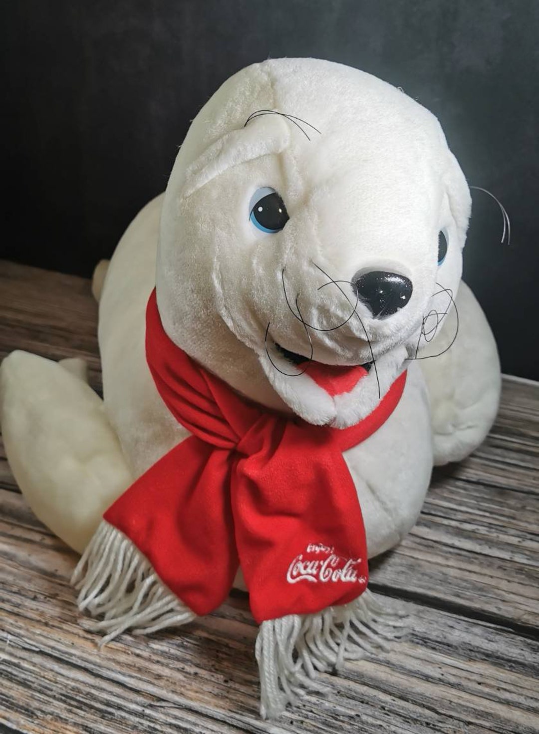 Large Vintage Coca Cola White Seal Christmas Plush Soft Toy With Scarf ...