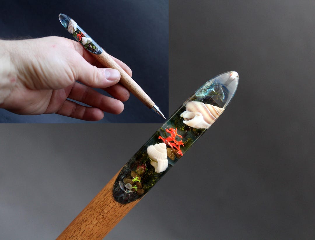 Wooden Pen Sea Underwater Real Shell Moss Wood Resin Pens Unique Ocean ...