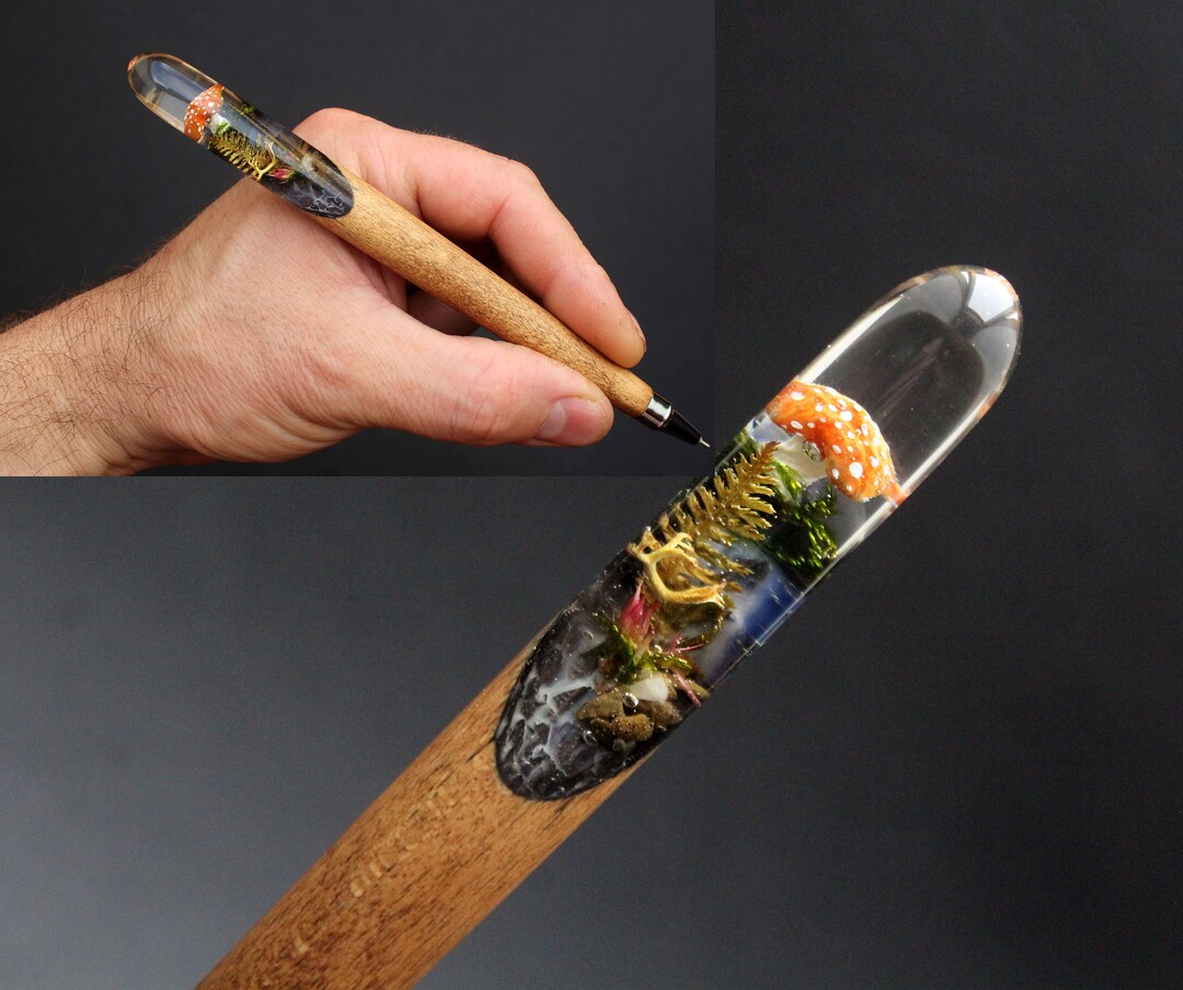 Mushroom Painted Wooden Pen Real Moss Tree Art Resin Pens Mushroom ...