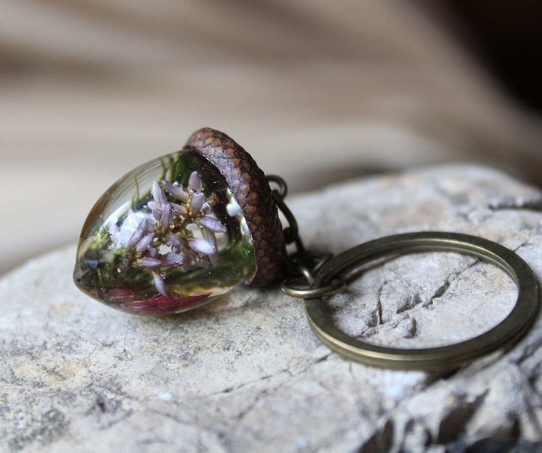 Acorn Keychain With Real Heather Flowers Moss, Resin Keychain, Real ...