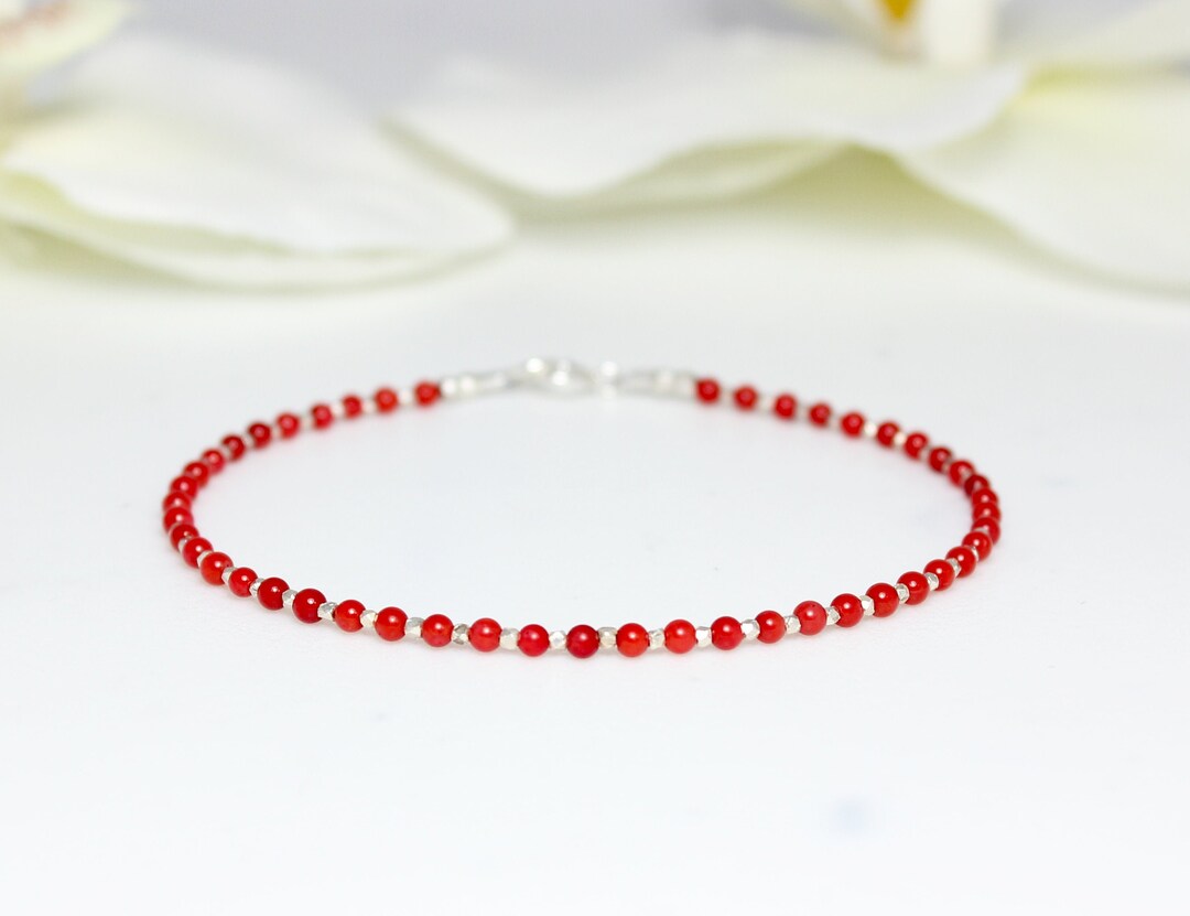 Tiny Pure Silver Red Coral Beaded Bracelet,minimalist Beaded Bracelet ...