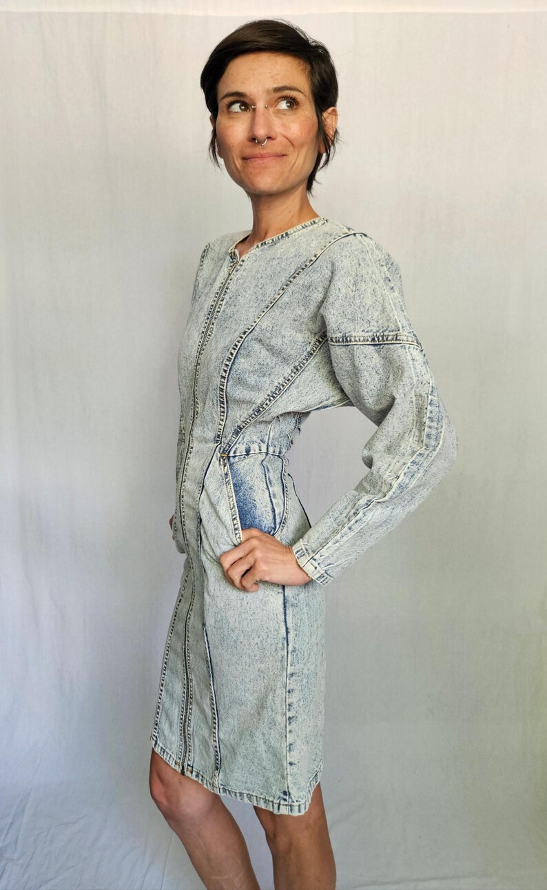 80s Acid Wash Denim Dress – Hollywood Jean Bodycon With Zip Front S - Etsy