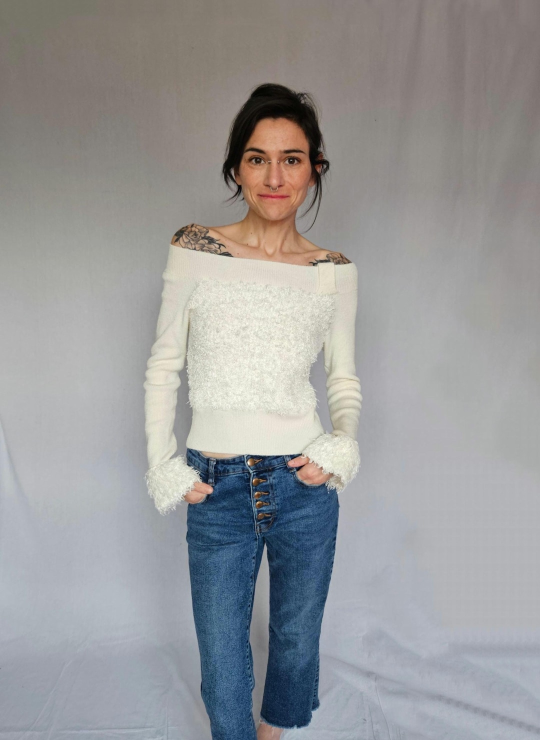 Vintage Y2K Off-shoulder Fuzzy Knit Top – Size Small - Etsy