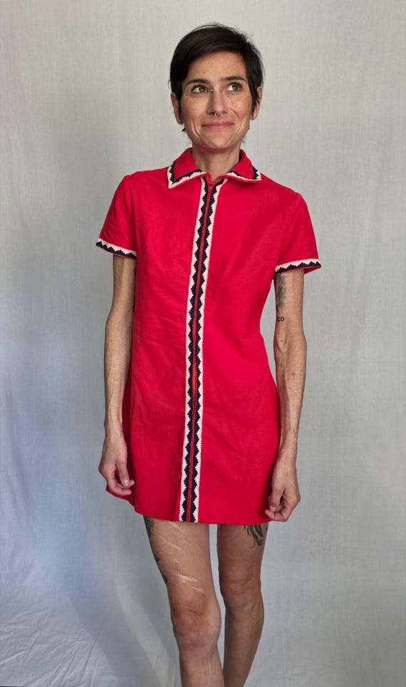 1960s Red Mod Mini Dress Zip Front Trim Detail S - Gem