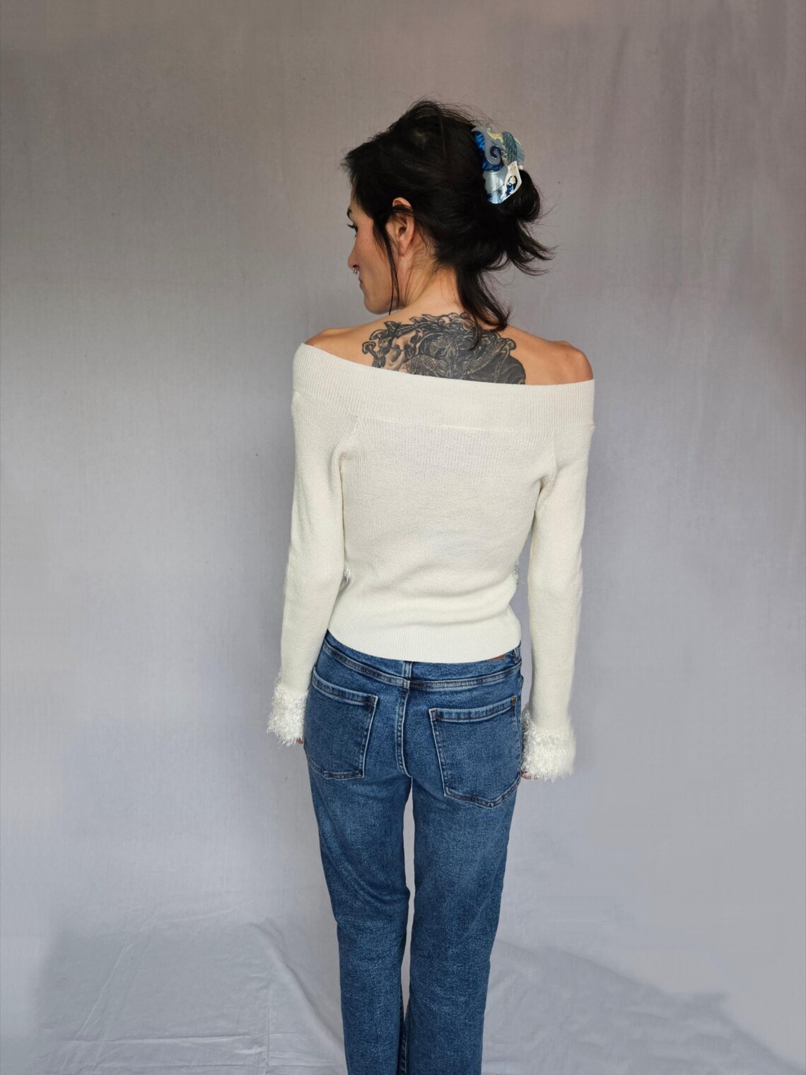 Vintage Y2K Off-shoulder Fuzzy Knit Top – Size Small - Etsy