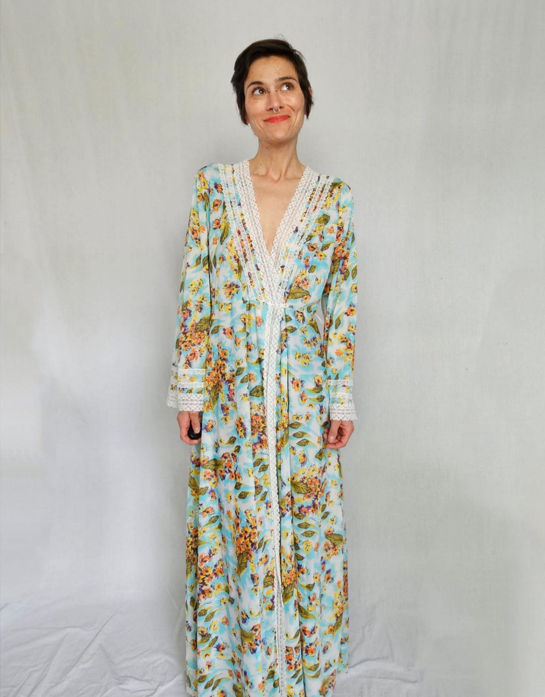 Vintage Floral Nylon Robe – Long Pastel Housecoat With Lace Trim - Etsy