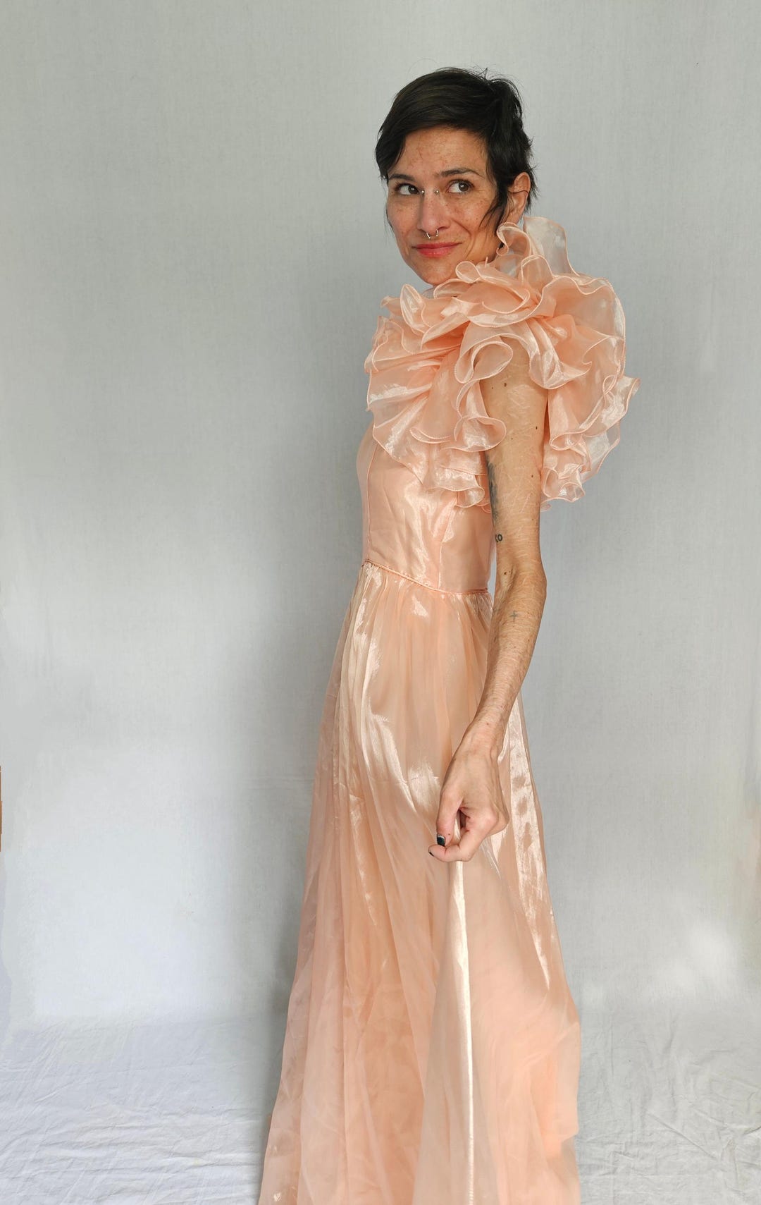 Vintage 70s/80s Peach One-shoulder Organza Gown With Dramatic Ruffle - Etsy