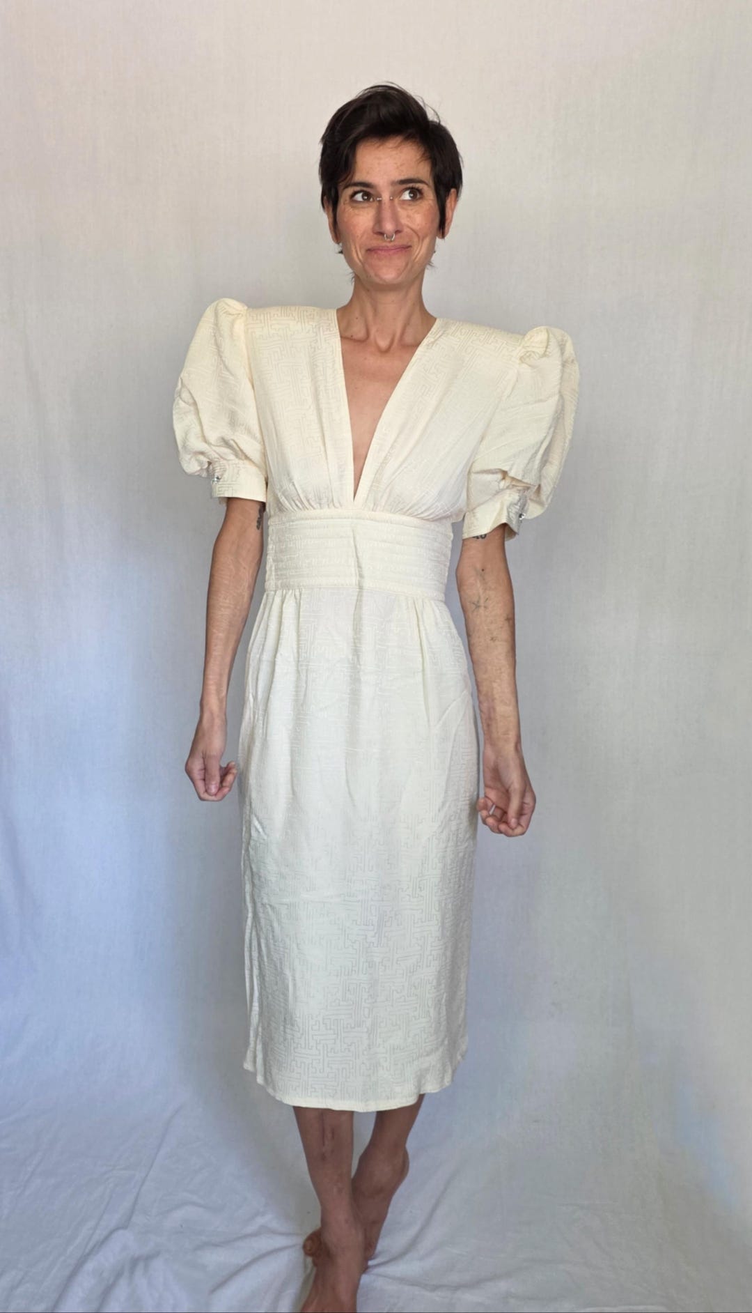 1980s Wayne Clark Silk Dress – Ivory Puff Sleeve Designer Midi, Deep V ...