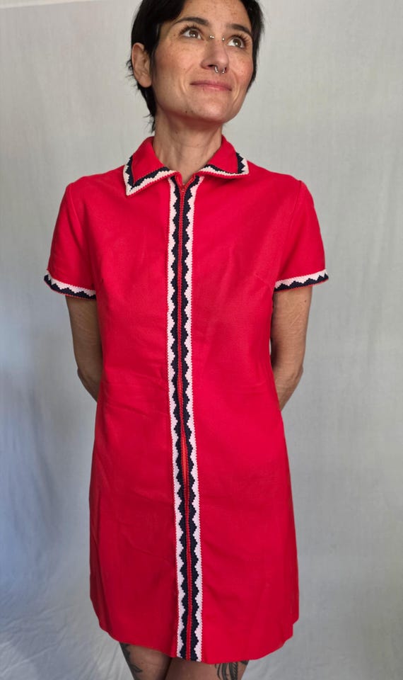 1960s Red Mod Mini Dress Zip Front Trim Detail S - Gem