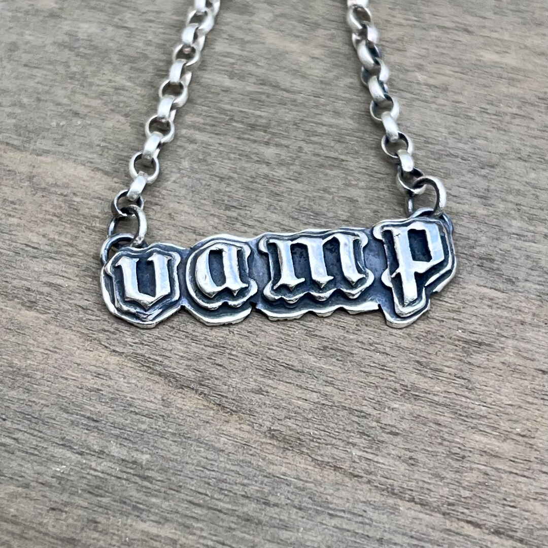 Vamp Sterling Silver Solid Gothic Font Necklace, Witchy Font Necklace ...
