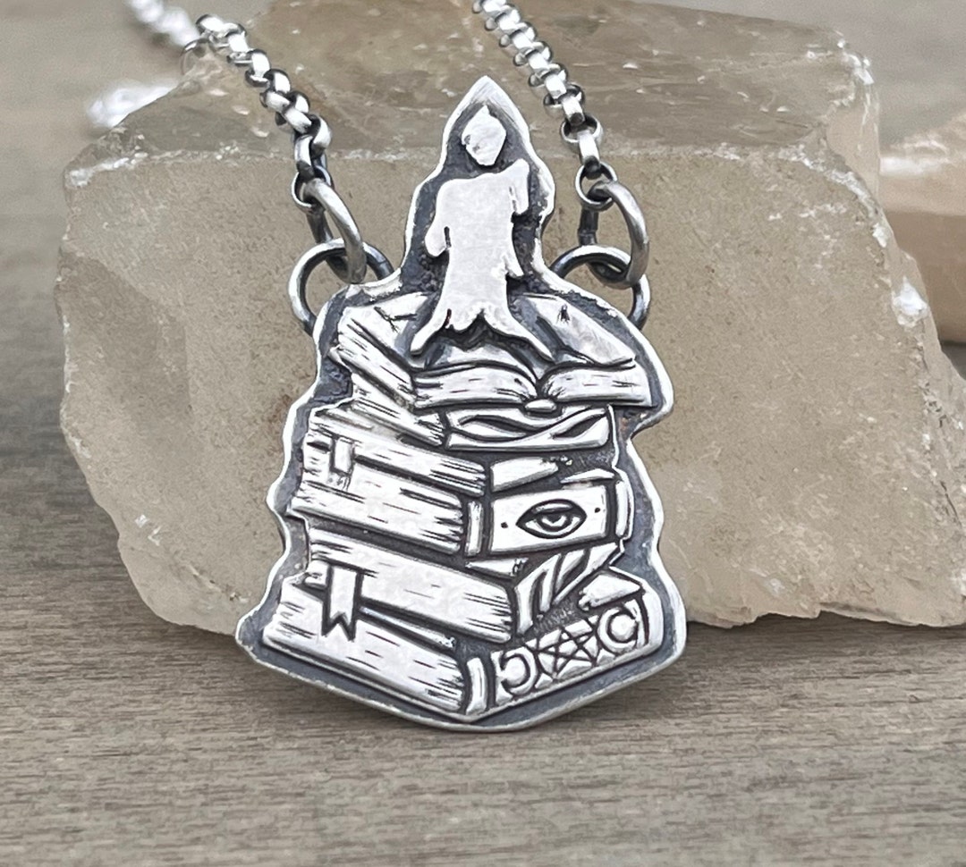 Sterling Silver Book Pendant, Witchy Books Pendant Necklace, Candle ...